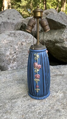 Large Antique Weller Pottery Blue Drape 2 Light Table Lamp Base Marked ...