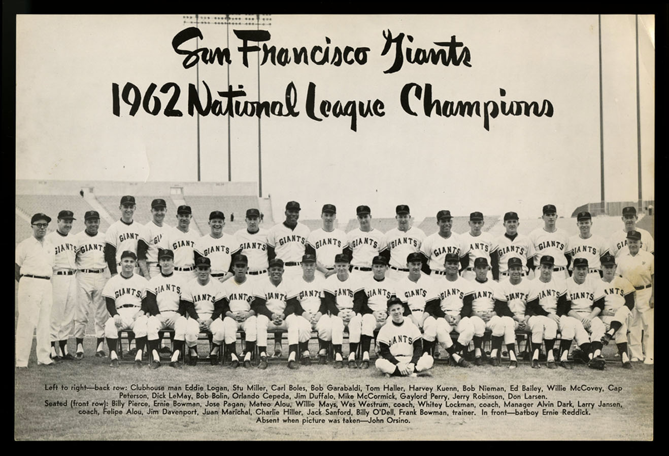 1962 SAN FRANCISCO GIANTS NATIONAL LEAGUE CHAMPIONS PHOTO (FROM HARVEY ...