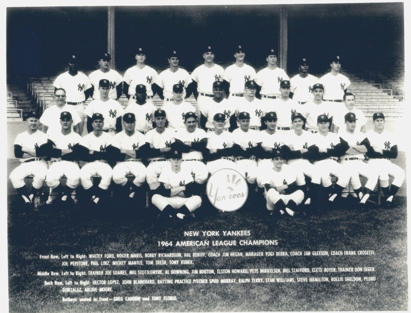 NEW YORK YANKEES 1964 TEAM PHOTO 8X10 MICKEY MANTLE ROGER MARIS WHITEY ...