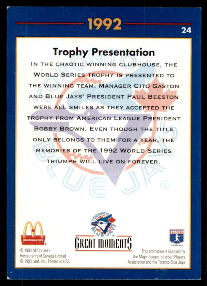 1993 Donruss McDonald's Toronto Blue Jays Great Moments Trophy ...