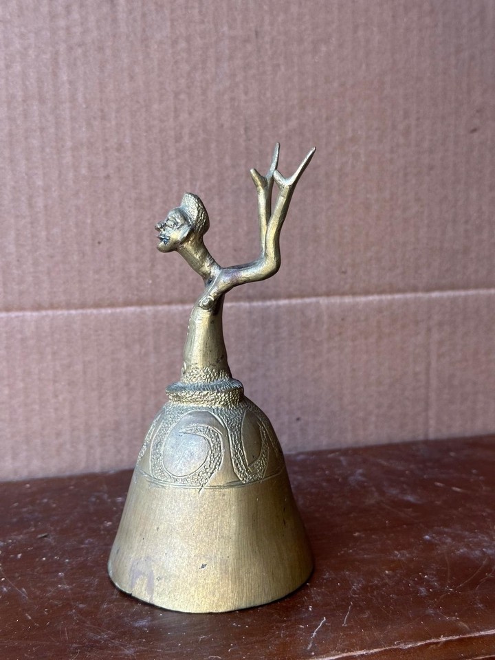 Vintage Fon (Dahomey) Cast Brass Ritual Bell with Figural Dancer Handle ...