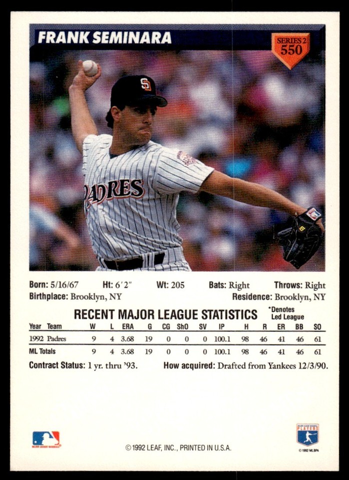 1993 Donruss Baseball Card Frank Seminara San Diego Padres #550 | eBay