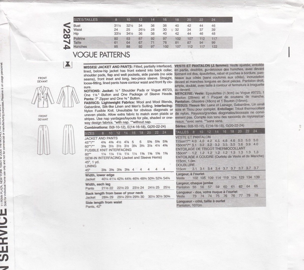 Jacket Long Pants Straight Vogue Sewing Pattern 2874 Uncut 8-12 Anne ...