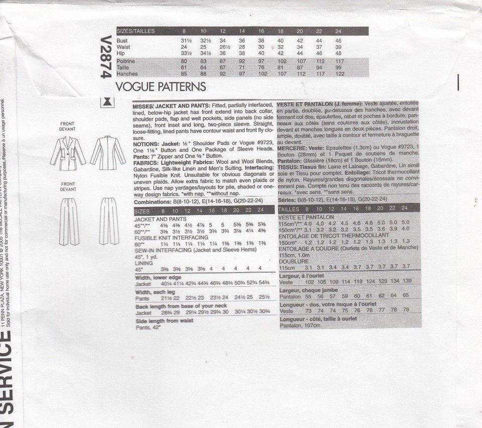 Jacket Long Pants Straight Vogue Sewing Pattern 2874 Uncut 8-12 Anne ...