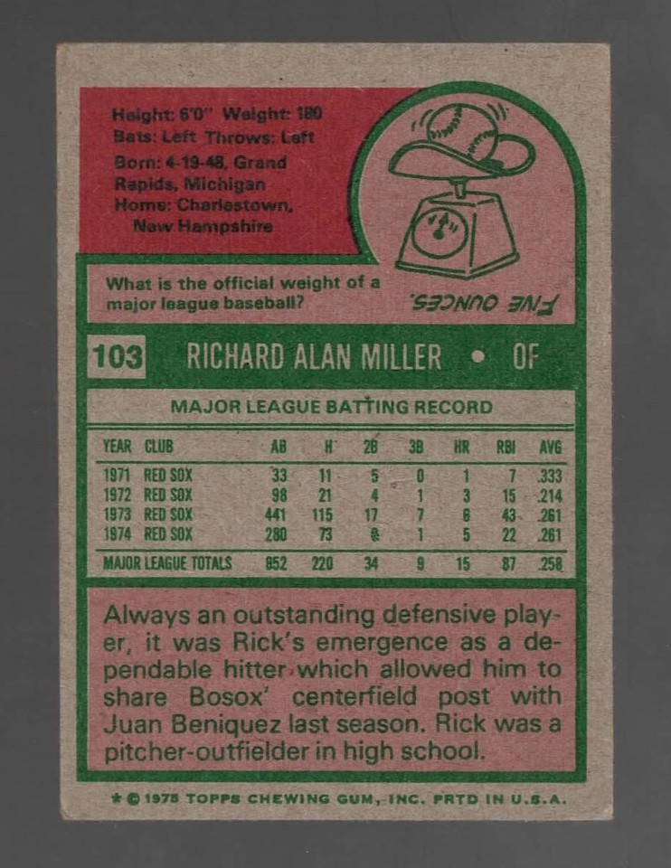 1975 Topps Rick Miller Boston Red Sox #103 Excellent | eBay