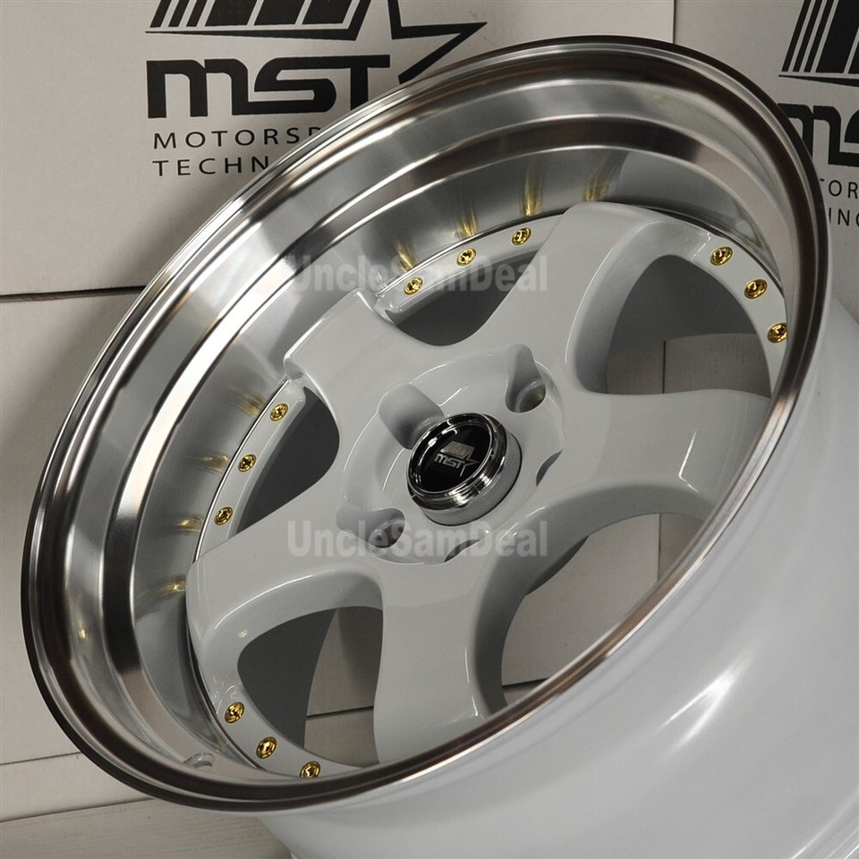 17x9 5x114.3 +20 MST MT07 GLOSS WHITE 5 SPOKES MACHINE LIP GOLD RIVET ...