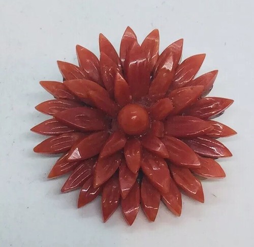 Vintage Carved Red Coral Flower Pin | eBay