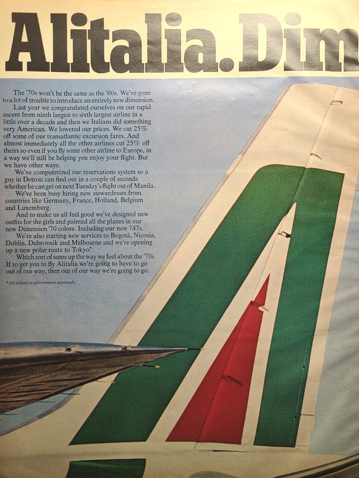 Alitalia Italy's World Airline Dimension '70 New Services Vintage Print ...