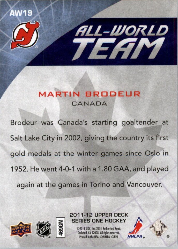 2011-12 Upper Deck All World Team #AW19 Martin Brodeur - HKY | eBay