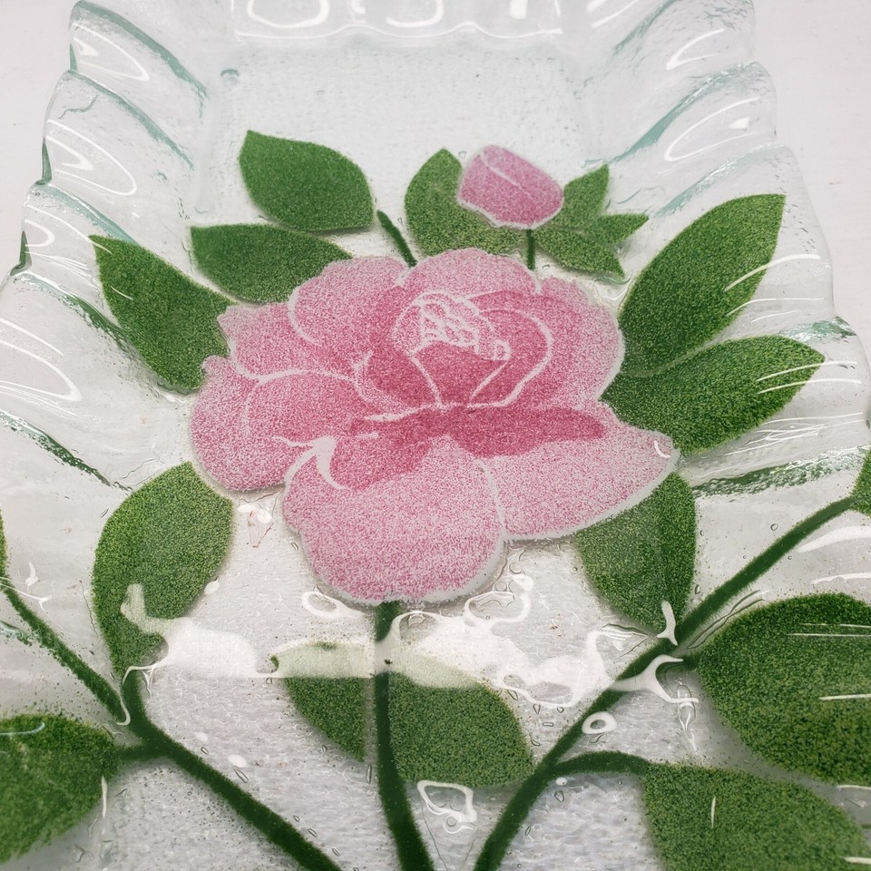 Fused Glass Rose Pattern Rectangle Tray With Ruffled Edge Signed | eBay