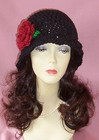 Black Crochet Flapper Style 1920s Cloche Hat Red Flower | eBay