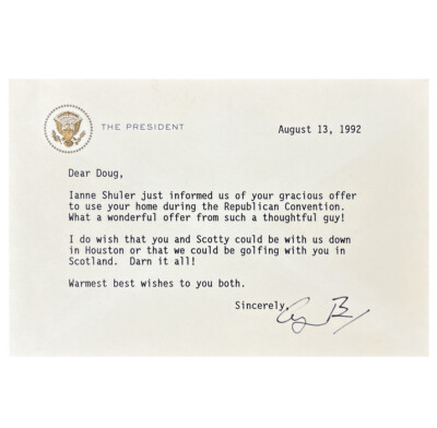 George H. W. Bush Autographed President Note Card to Doug Sanders 8/13 ...