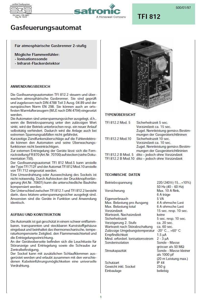 TFI 812.2 Mod. 10 Satronic Honeywell Gasfeuerungsautomat atmosphärische ...