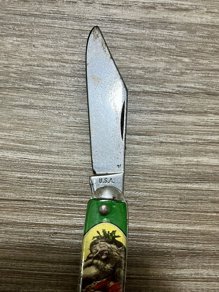 Vintage USA Green Folding Pocket Knife Happy Holidays Santa Claus ...