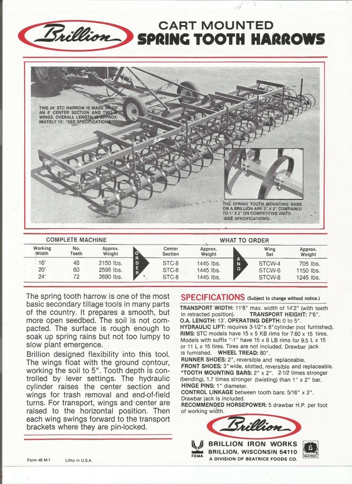 Original OEM Brillion Cart Mounted Spring Tooth Harrows Sales Brochure ...