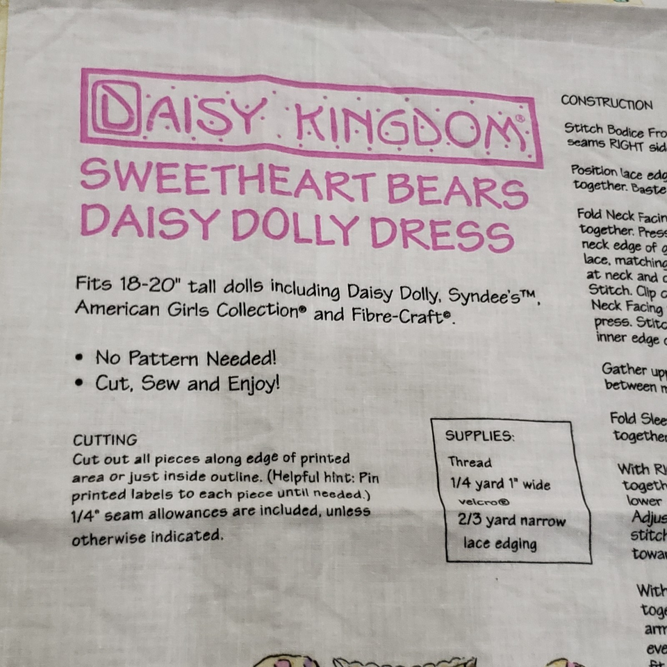 Daisy Kingdom Sweetheart Bears Daisy Dolly Dress Fabric Panel Fits 18 ...