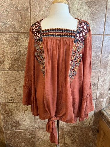 Entro Top Orange With Embroidery And Front Tie Size 2X | eBay