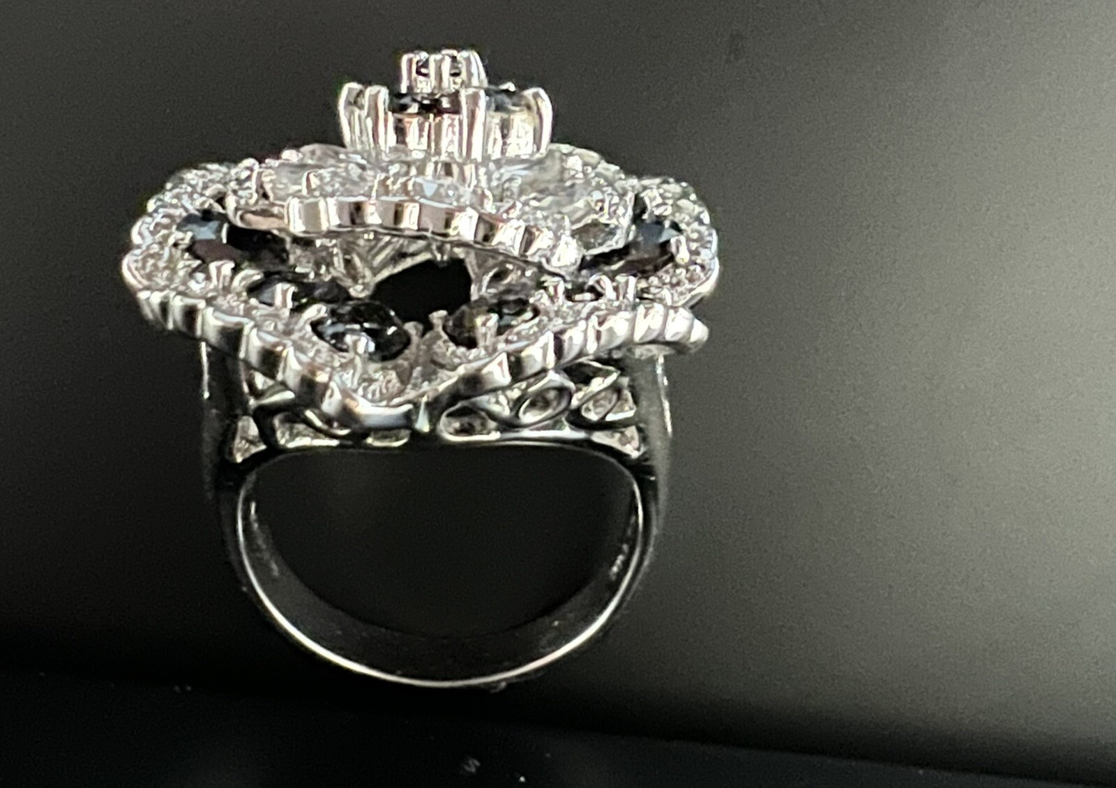 Nolan Miller Black & Clear Crystal Silver Tone Ring s… - Gem