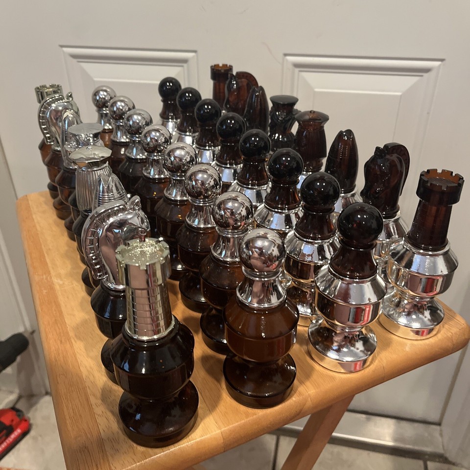 Complete Set of 32 Vintage AVON Chess Set Game Pieces Cologne Bottles ...