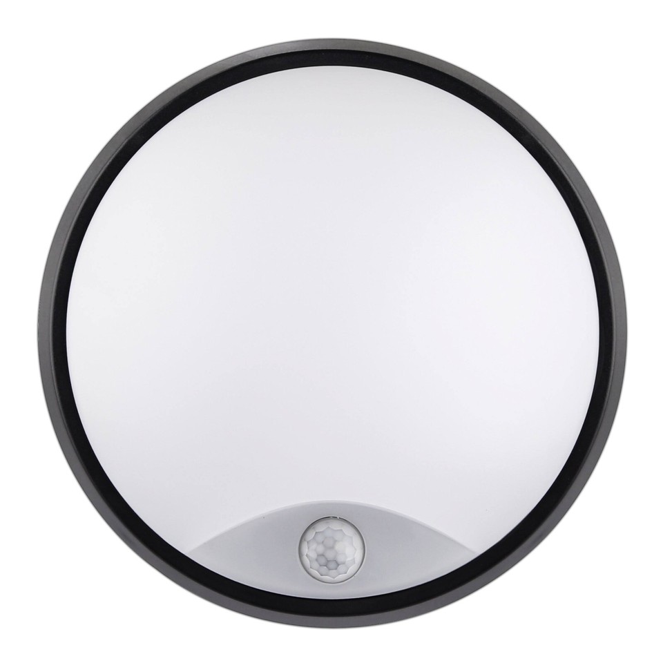 LED PIR Wall & Ceiling Round Circular Black Bulkhead Flush Mounted 10W ...