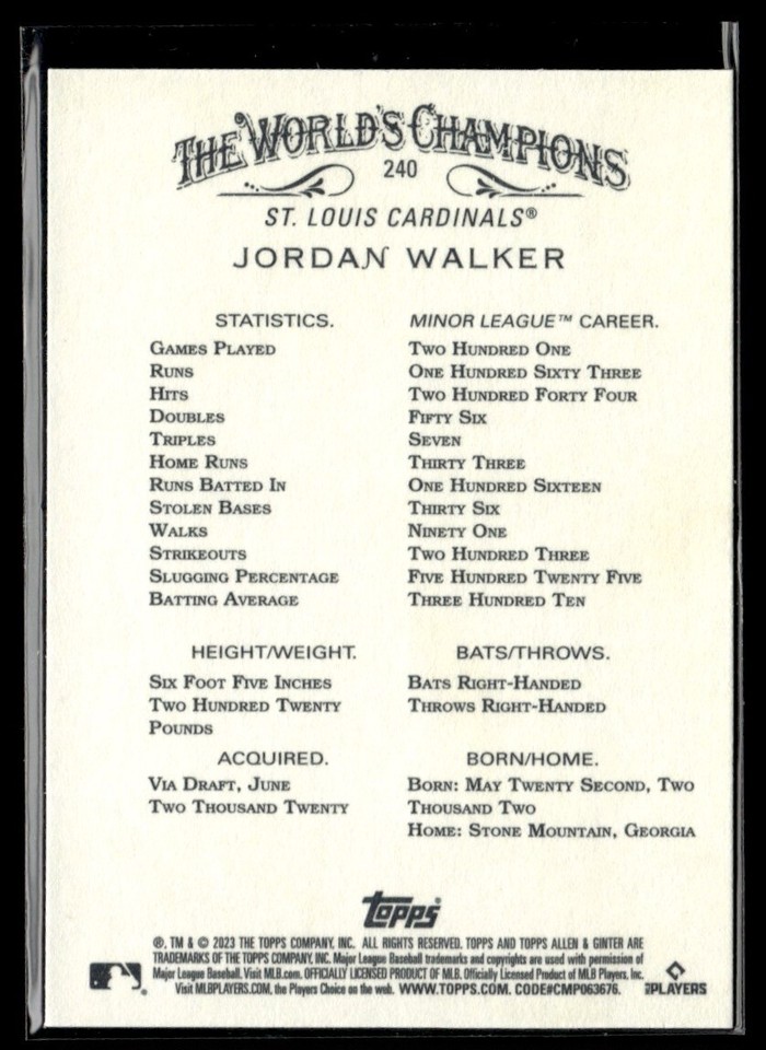 2023 Topps Allen & Ginter Jordan Walker Rookie St. Louis Cardinals #240 ...