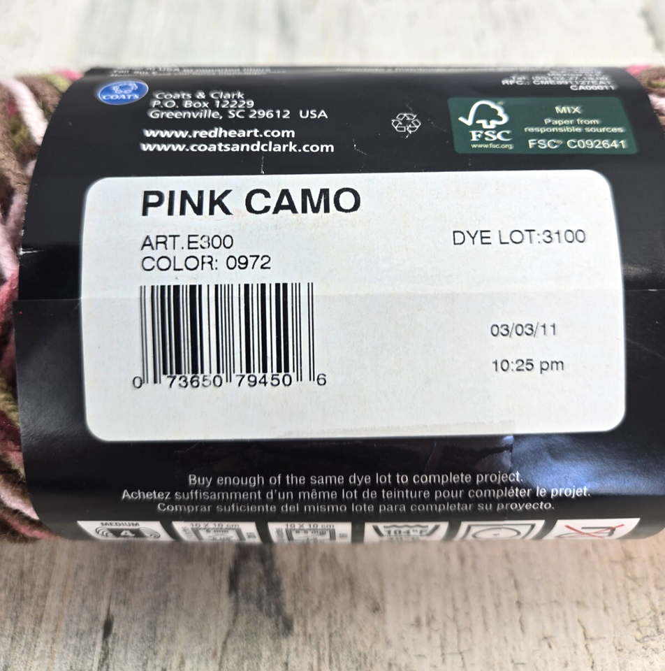 Red Heart Super Saver Camo Yarn Pink Camo 1 Skein #3100 | eBay