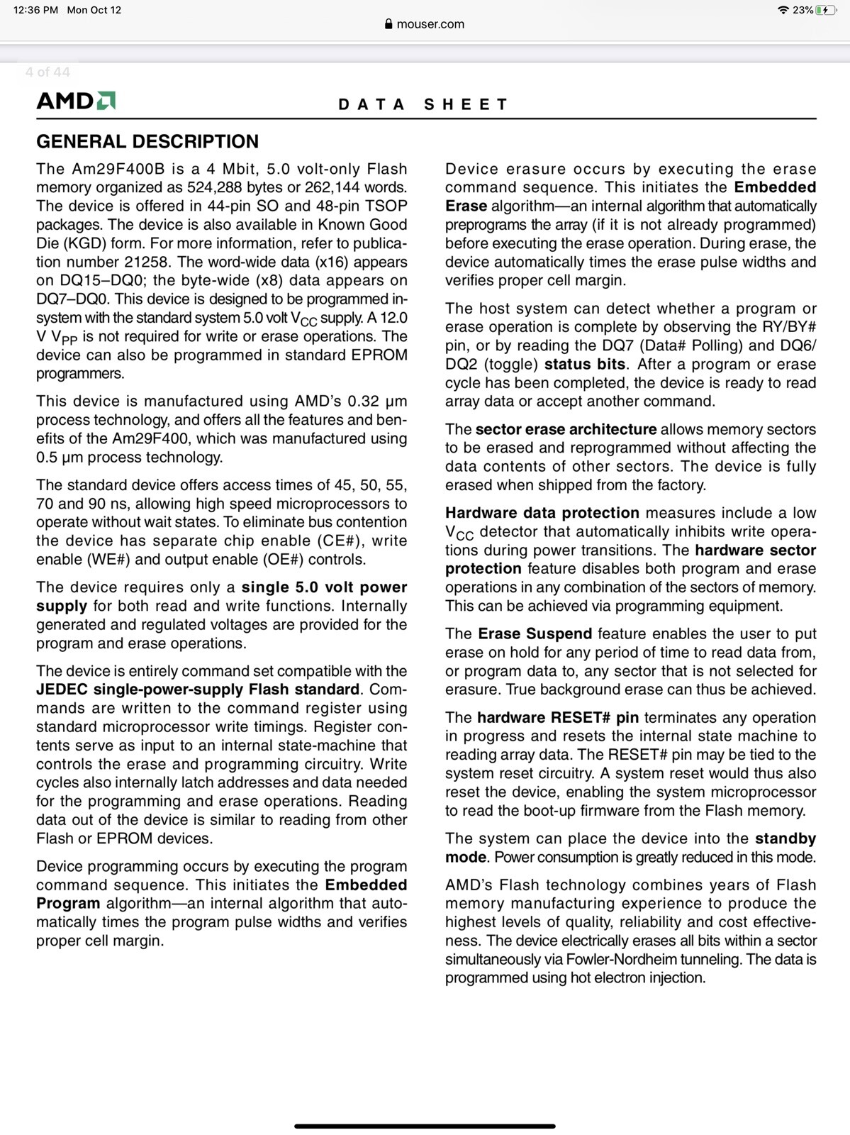 5x AM29F400BB- 90Ei 4 Megabit x 16-Bit) CMOS 5.0 Volt Boot Sector Flash ...