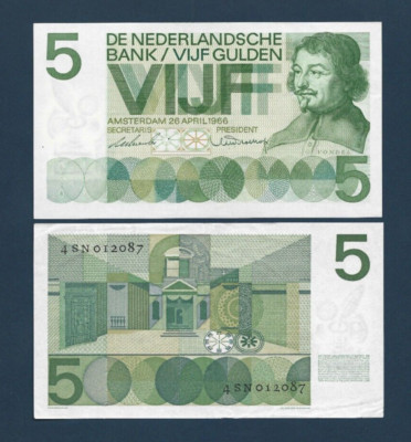 NETHERLANDS 5 GULDEN P-90 1966 PRE EURO EUROPEAN EU MONEY BILL NOTE ...
