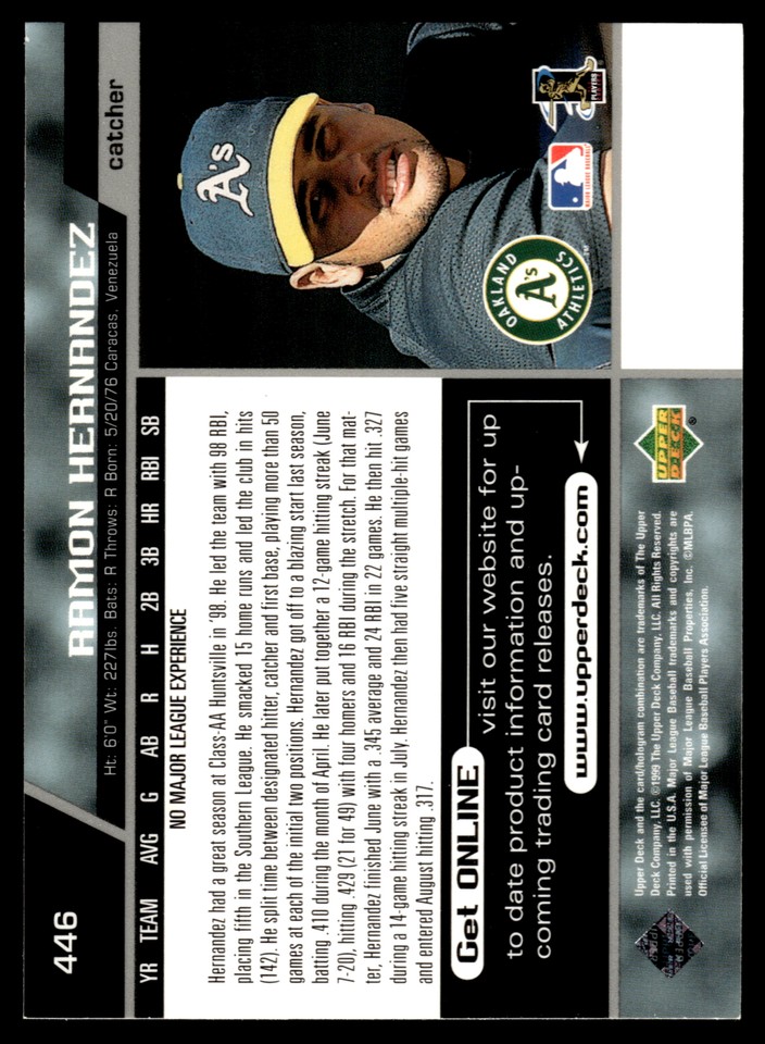 1999 Upper Deck #446 Ramon Hernandez Rookie Oakland Athletics | eBay