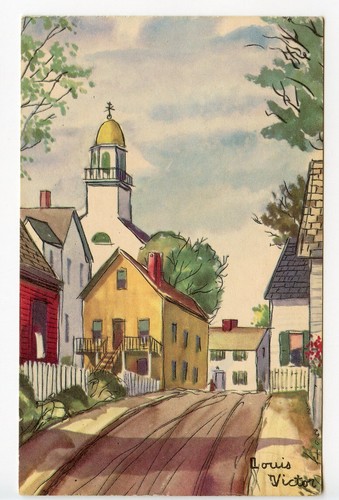 Louis Victor Watercolor Painting Postcard Church Homes Dirt Street | eBay