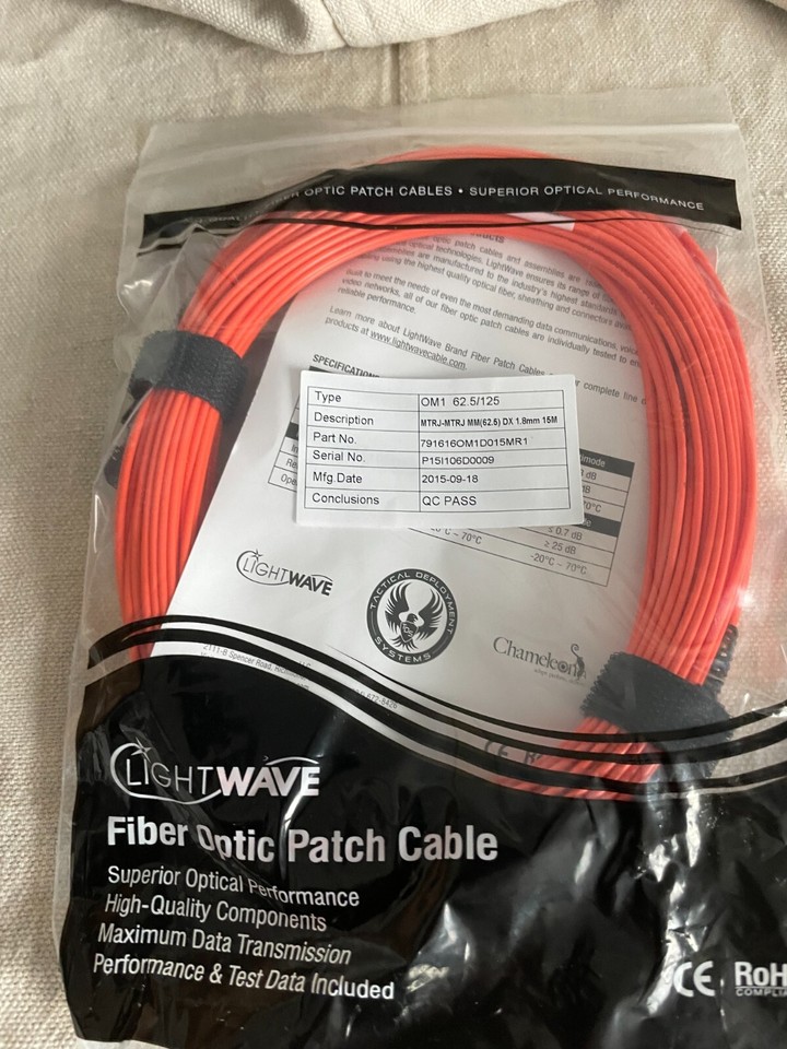 New - Lightwave OM1-62.5/125 Fiber Patch Cables 791616OM1DO15MRI 1.8mm ...