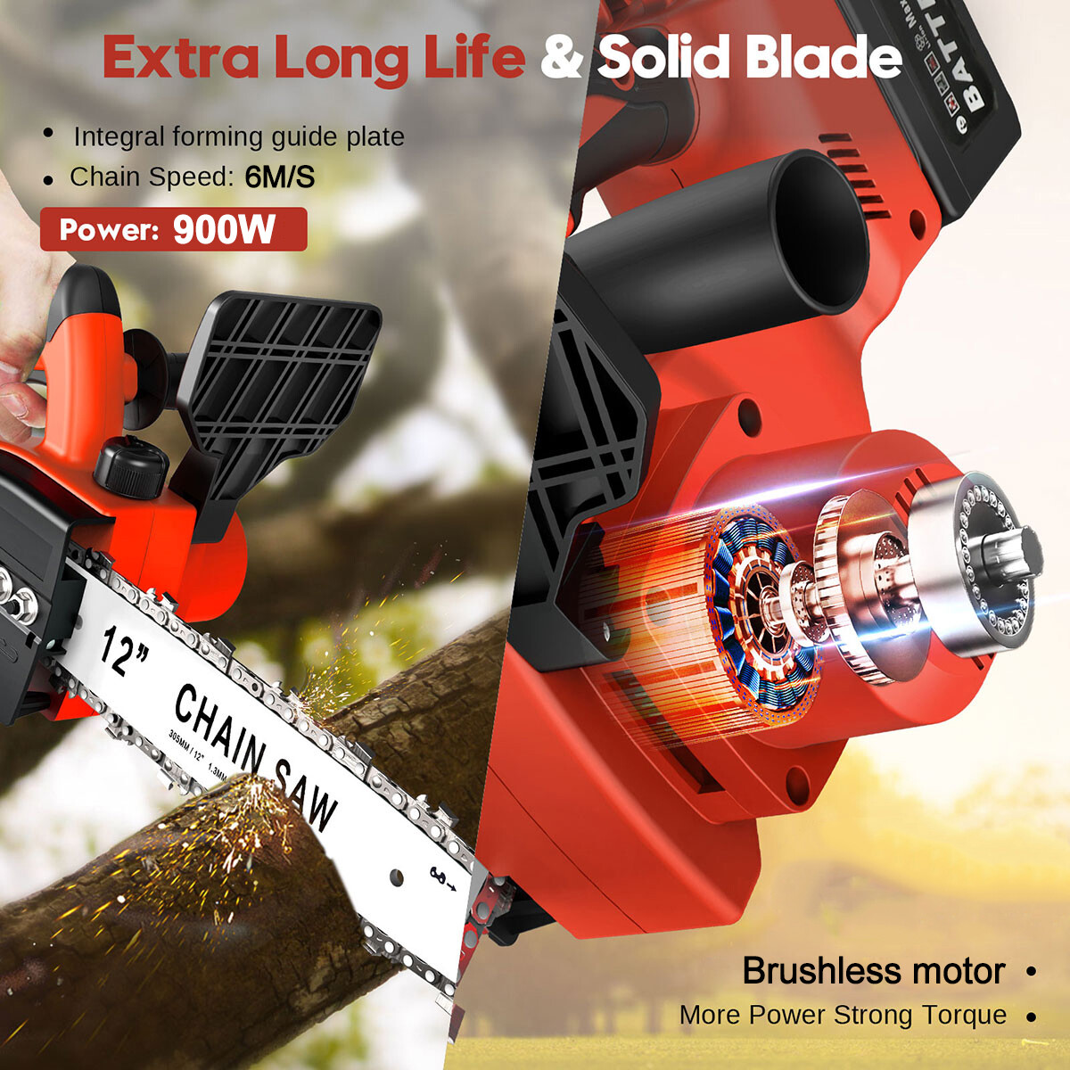 12in Electric Chainsaw Cordless Handheld Brushless Wood Cutter Chainsaw ...