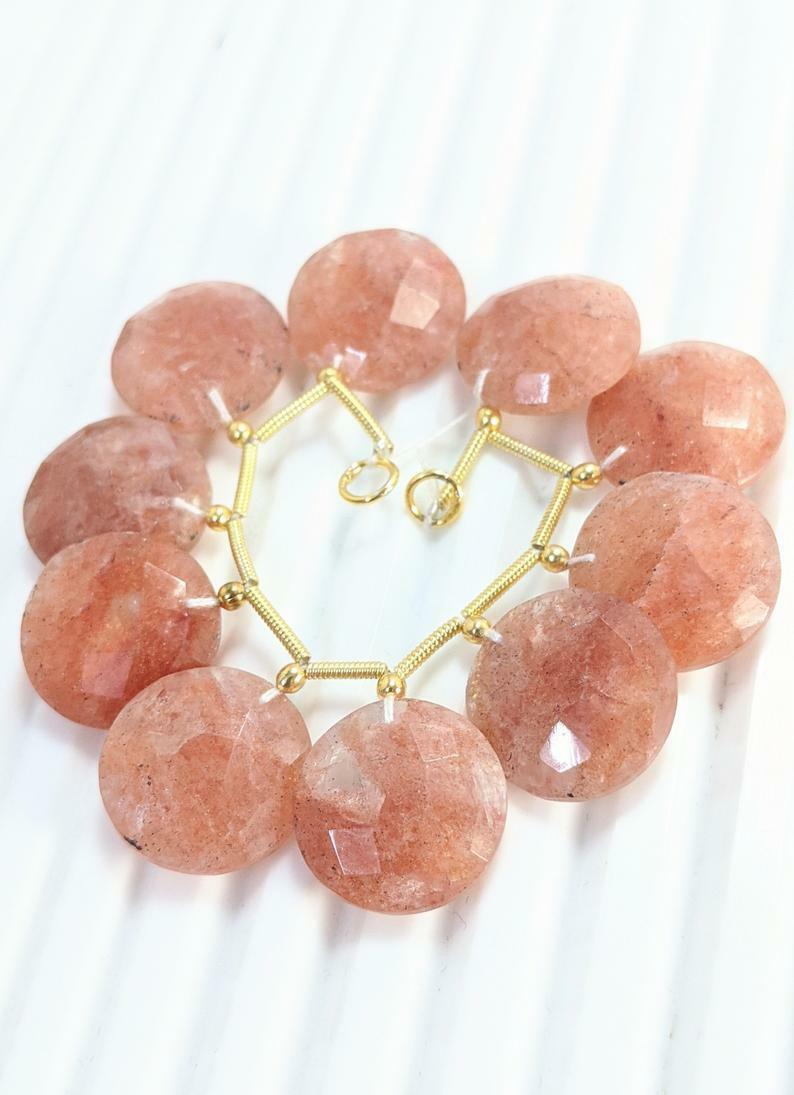 Natural Orange Sunstone Round Coin Shape Beads Faceted Gemstone 15mm,10 ...
