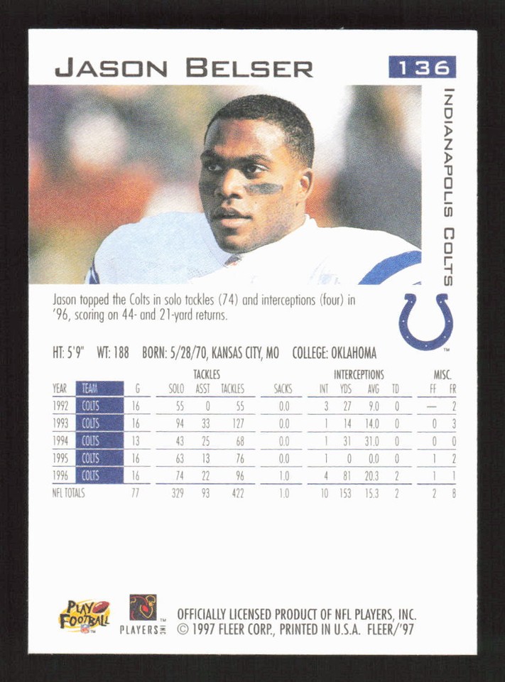 1997 Fleer #136 Jason Belser Indianapolis Colts | eBay