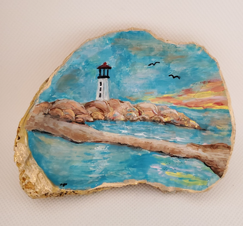 Hand painted Lighthouse and Ocean Oyster Shell Art Gold leaf trim | eBay