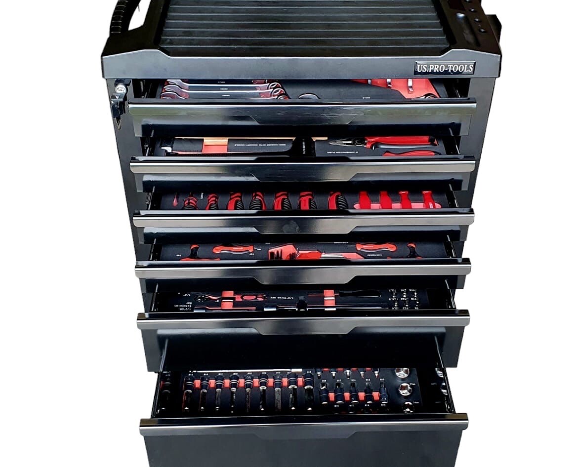 US PRO TOOL CHEST BOX WITH 6 EVA TOOLS TRAYS 6 DRAWER ROLLER CABINET ...