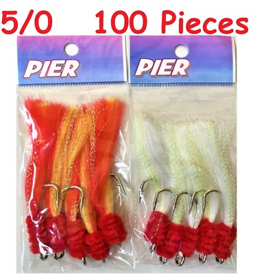 100 Pieces 5/0 Shrimp Fly Rigs Tied Hook 50 White & 50 Red Yellow ...