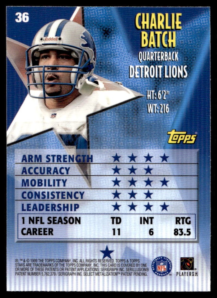 1999 Topps Stars 36 Charlie Batch Detroit Lions Football Card | eBay