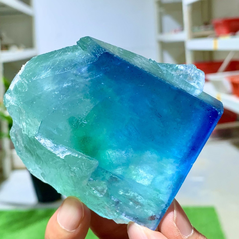 1.14LB Rare transparent blue green fluorite cubic mineral crystal ...