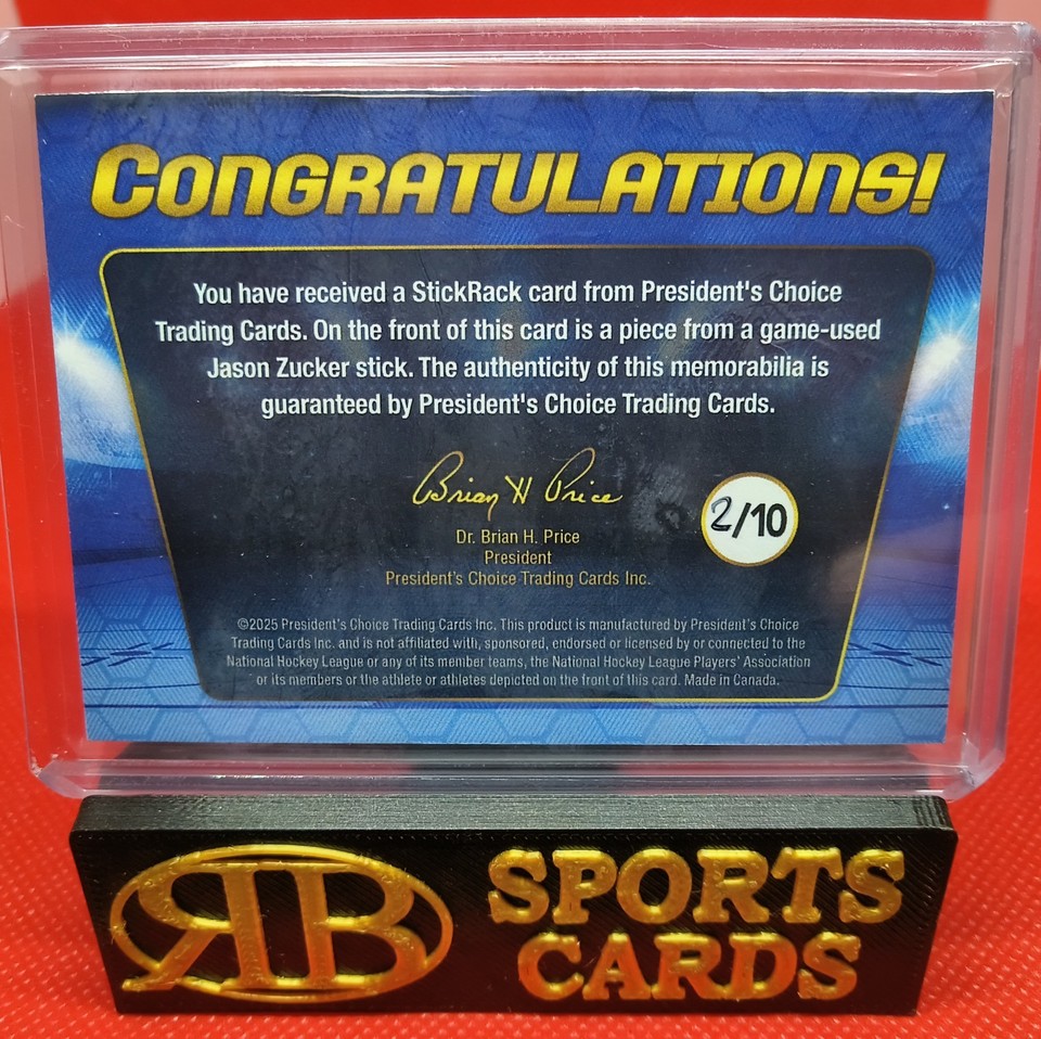 2025 Presidents Choice 7th Edition Jason Zucker Game Used Stick 2/10 ...