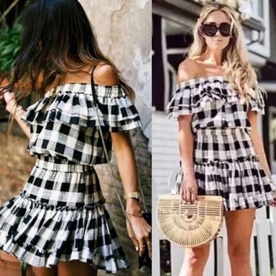 Misa Los Angeles Gingham Checkered Off The Shoulder Ruffled Tiers Mini ...