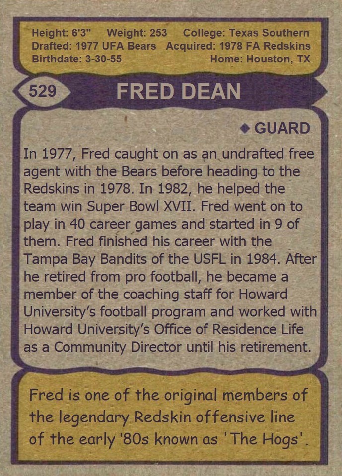 Fred Dean 1979 Washington Redskins Hogs Custom Rookie Retro Card | eBay