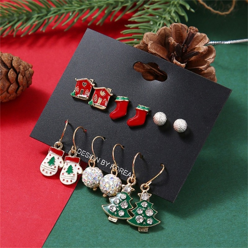 6 Pairs of House Christmas Tree Stud Earring Shocking Piercing Earring ...
