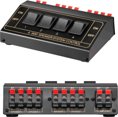 4 WAY SPEAKER SWITCH BOX AUDIO SPLITTER SELECTOR FOR 4 PAIRS OF AMP ...