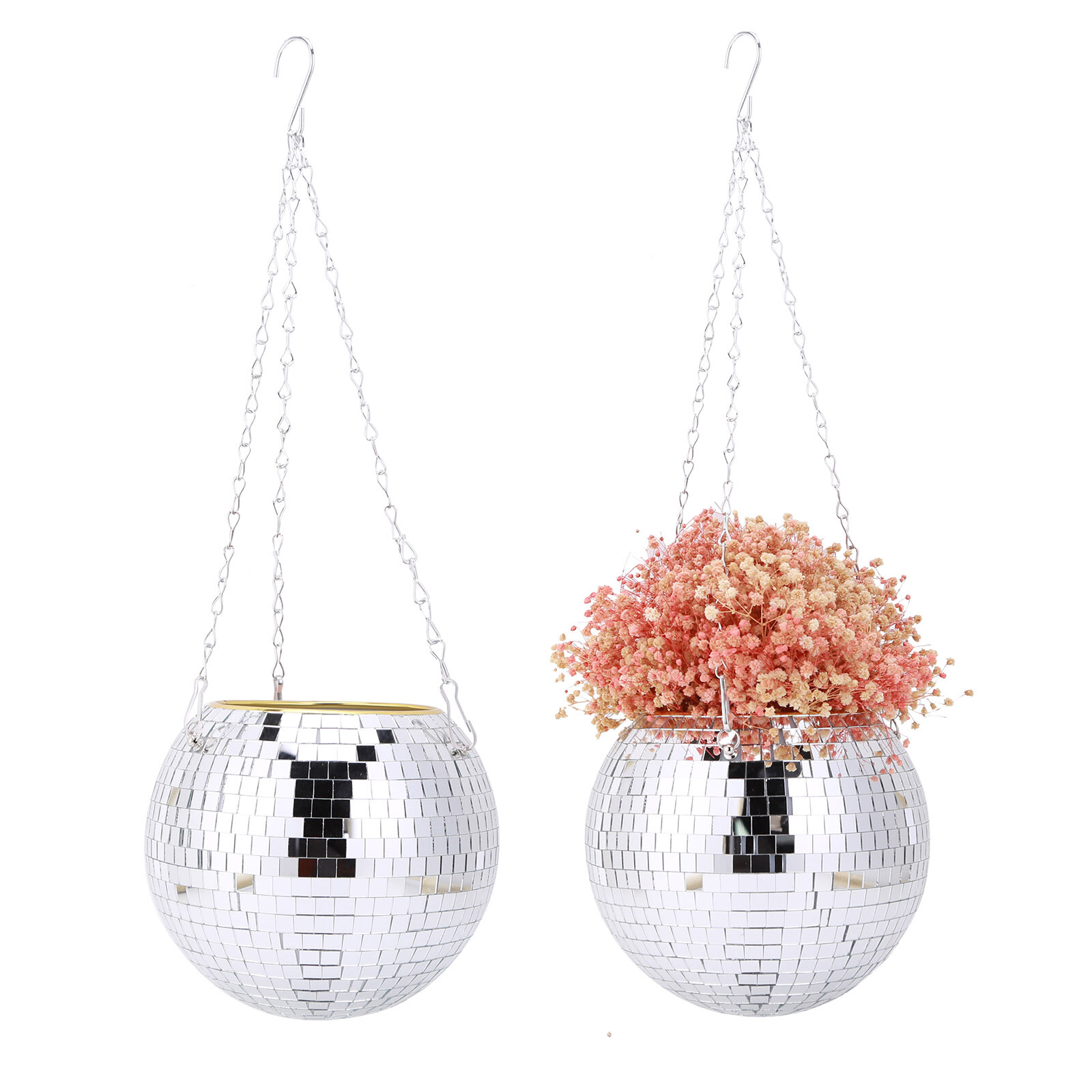 Mirror Silver Flower Pot with Chain - Disco Ball Hanging Planter (15cm ...