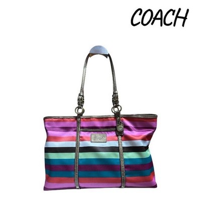 COACH Colorstripe Tote Bag, Multicolor, Large Capacity, Shiny Satin ...