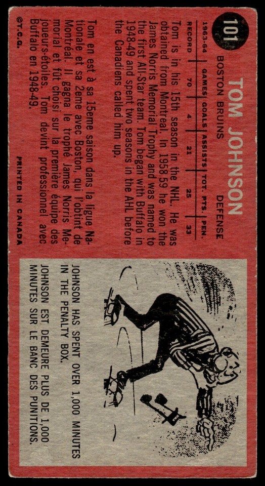 1964-65 Topps Tom Johnson Boston Bruins #101 | eBay