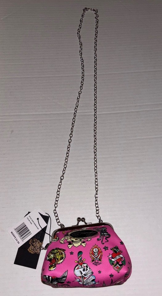 ED HARDY Mini Crossbody Chain Kiss Lock RARE Coin Purse Bag Tiger Charm ...