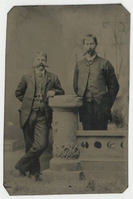Two Men w/Outrageous Moustache 1860 Outlandish Facial Hair Odd Tintype ...