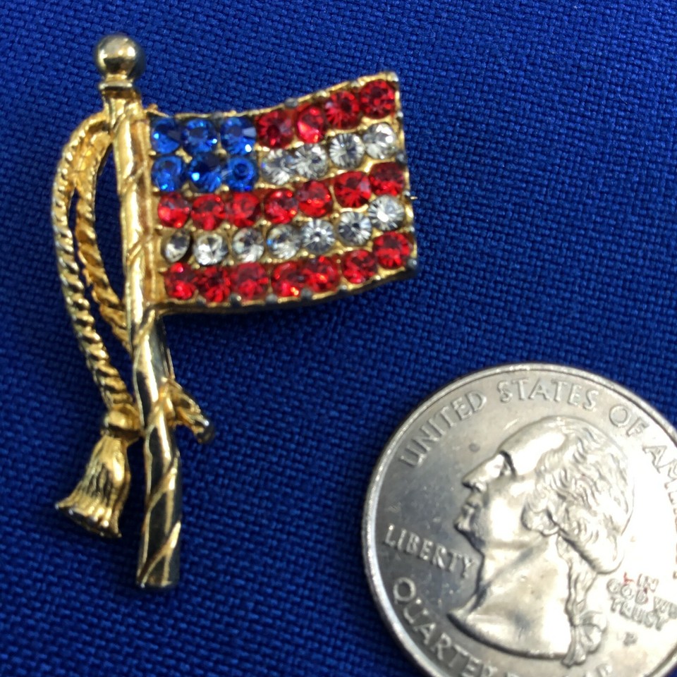 Red American Flag Brooch Gold Tone Rhinestones USA Patriotic | eBay